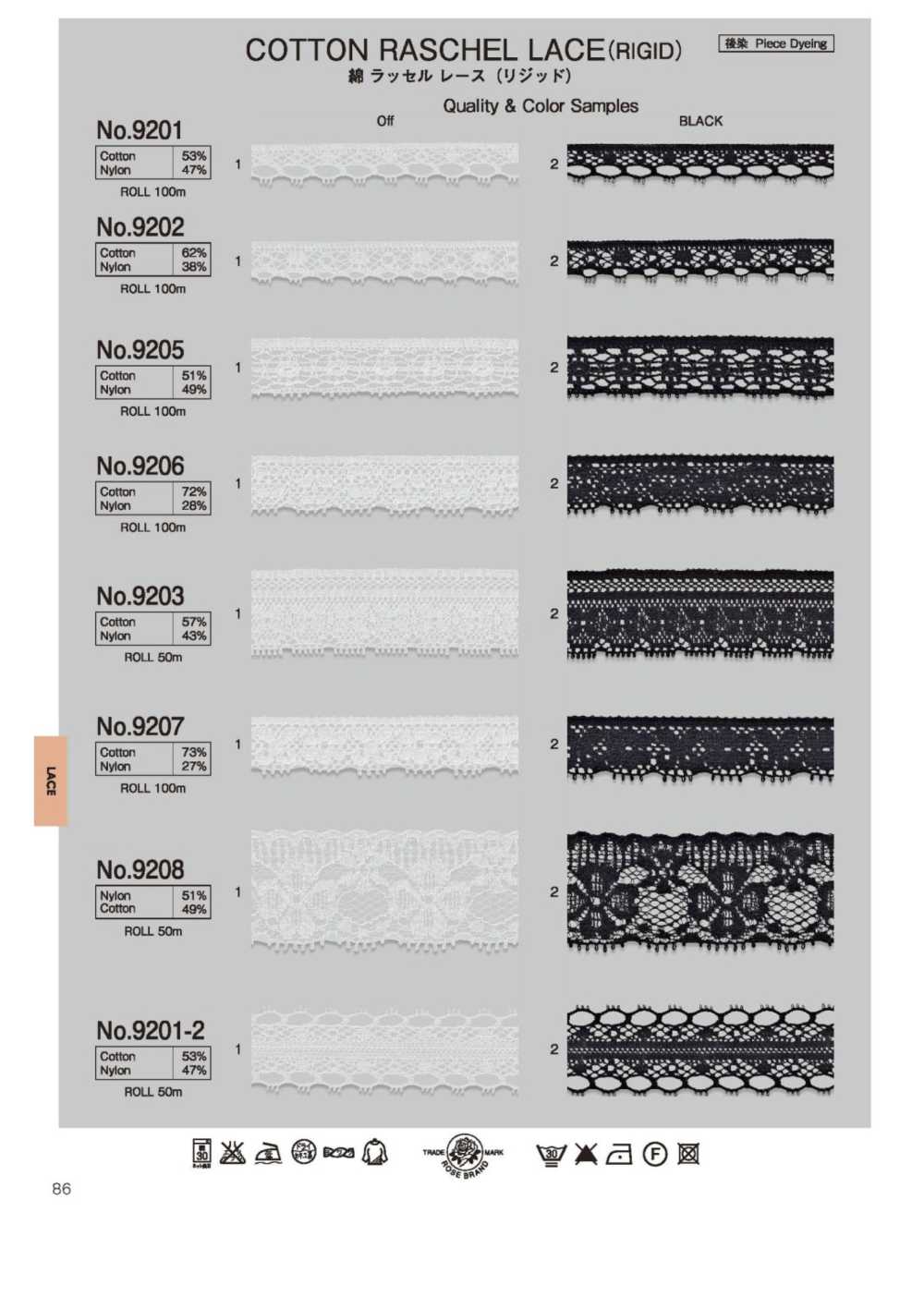 9207 綿ラッセルレース(リジッド) (約14MM) ROSE BRAND(丸進)/オークラ商事 - ApparelX アパレル資材卸通販・仕入れ